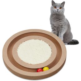 Relaxdays - Katzen Kratzbrett, ø 27,5 cm, mdf & Sisal, Katzenspielzeug Beschäftigung, Kratzrondell mit Kugelbahn, natur