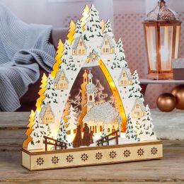 Spetebo Led Holz Weihnachtsdorf - 33 cm/weiß - Weihnachtsstadt Weihnachtsszene Tischdeko beleuchtet