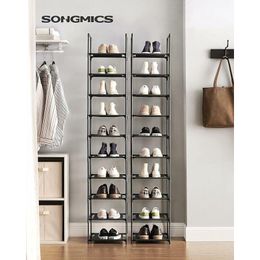 Songmics Schuhregal, Schuhablage, 10 Ebenen, offener Schuhschrank, Schuhaufbewahrung, schmal, 33 x 33 x 173 cm, Metallgestell, Ablagen aus Vliesstoff, für