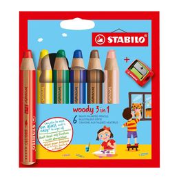 Stabilo "Woody 3 in 1", Multitalent-Stifte, 6er-Set inklusive Spitzer