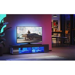 SONNI TV-Schrank TV-Lowboard Breite 135cm Schwarz Hochglanz mit LED Beleuchtung mit Glasböden