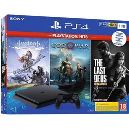Sony PlayStation 4 Slim 1000GB - Schwarz + Horizon Zero Dawn + God of War + The Last of Us (Remastered)