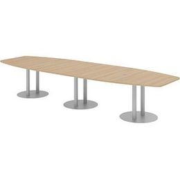 Hammerbacher Konferenztisch KT40S eiche Tonnenform, Rundrohr silber, 400,0 x 85,0 - 130,0 x 74,0 cm