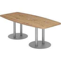 Hammerbacher Konferenztisch KT22S asteiche Tonnenform, Rundrohr silber, 220,0 x 83,0 - 103,0 x 74,5 cm