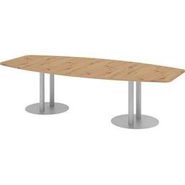 Hammerbacher Konferenztisch KT28S asteiche Tonnenform, Rundrohr silber, 280,0 x 85,0 - 130,0 x 74,0 cm