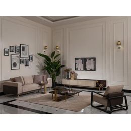 JVmoebel Wohnzimmer-Set Komplette Wohnzimmer Beige Sofa Couchtische 6tlg Holz Modern