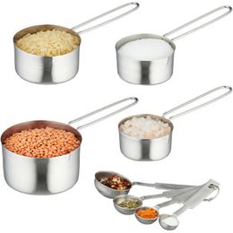 Messbecher und Messlöffel Set, 8-teilig, Edelstahl, US-Größen & ml-Angaben, Portionierlöffel mit Griff, silber - Relaxdays