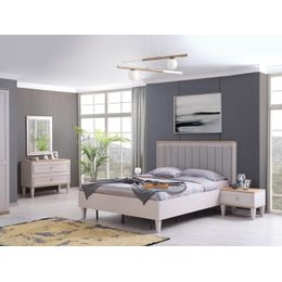 JVmoebel Schlafzimmer-Set Schlafzimmer Garnitur Doppelbett Bett Nachttische Grau Holz Set 5tlg