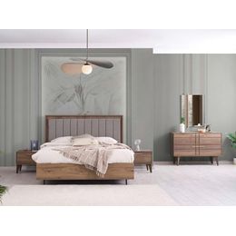 JVmoebel Schlafzimmer-Set Garnitur Komplette Doppelbett Holz 5tlg Schlafzimmer Braun Bett Modern