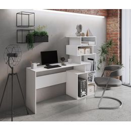 Furnix Schreibtisch GHELIA Arbeitsplatz mit asymmetrischem Regal Weiß