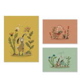 Moulin Roty Poster 3 Poster Trois Lapins Hase Igel Blumen Wiese Deko Bild