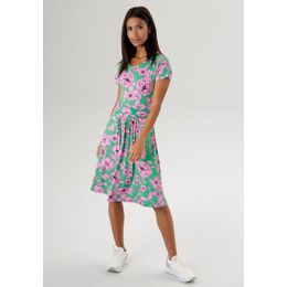 Aniston SELECTED Sommerkleid mit Taillenbund und trendy Blumendruck - NEUE KOLLEKTION, grün|rosa|schwarz