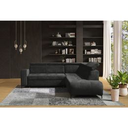 L-Form Sofa Martins - Ecksofa mit Schlaffunktion und Verstellbare Kopfstützen, Ottomane rechts freistehend - Schwarz - Schwarz - Graingold