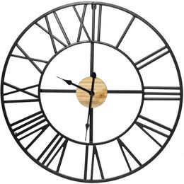 HOMCOM - Wanduhr Vintage-Design 60 cm Durchmesser, mit römischen Zahlen, geräuschlos 60 cm x 60 cm x 4 cm Schwarz Natur - Schwarz