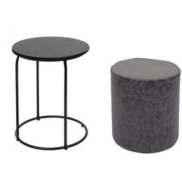 2er-Set Sitzhocker und Beistelltisch HHG 410, Kaffeetisch Tisch Hocker, MVG-zertifiziert mdf Metall Kunstleder schwarz - grey