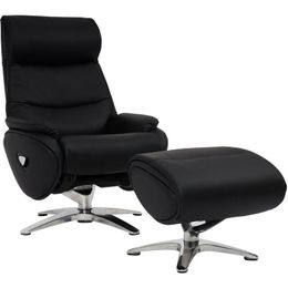 Relaxsessel mit Hocker HHG 334, Fernsehsessel Sessel, Liegefunktion drehbar, Metall Echtleder/Kunstleder schwarz - black