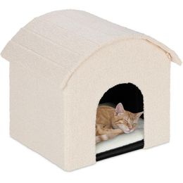 Katzenhöhle, faltbar, flauschig, Katzen Schlafplatz mit Kratzfläche, hbt: 44 x 48 x 41 cm, Katzenhaus, beige - Relaxdays