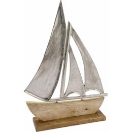 Spetebo - Alu Schiff mit Standfuß aus Mangoholz - groß / 40 cm - Maritimer Aufsteller Segelboot aus Metall und Holz - Küsten Deko Tisch Figur