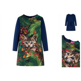 vidaXL A-Linien-Kleid Kinderkleid mit Langen Ärmeln Katzen-Aufdruck Marineblau 92