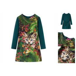vidaXL A-Linien-Kleid Kinderkleid mit Langen Ärmeln Katzen-Aufdruck Dunkelgrün 140