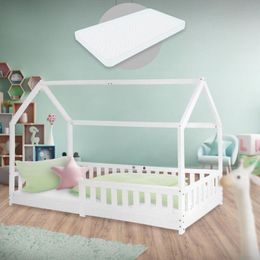 ML-Design Kinderbett mit Rausfallschutz, Dach und Lattenrost, 90x200 cm, Weiß, mit Matratze H:10cm