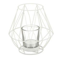 Teelichthalter, geometrisches Design, Kerzenhalter mit Votivglas, Metall, Kerzenständer, HxD: 14 x 14 cm, weiß - Relaxdays