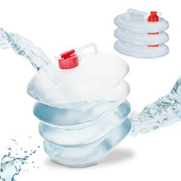 Faltkanister 4er Set, 5 Liter, faltbare Wasserkanister mit Hahn, BPA-frei, lebensmittelecht, transparent/rot - Relaxdays