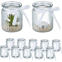 Windlicht, 12er Set, aus Glas, Teelichtgläser mit Schleife, innen & außen, Teelichthalter Deko, transparent - Relaxdays