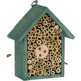 Insektenhotel, Nisthilfe für Bienen & Wespen, hbt 20 x 17 x 8,5 cm, Garten, Balkon, Bienenhotel, Holz, grün - Relaxdays