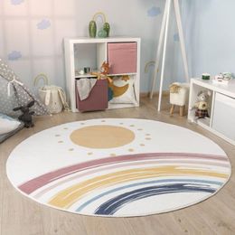 Kinderteppich Teppich Kinderzimmer Rund Waschbar Bis 30 Grad Sonne Regenbogen Weiß, 160 cm Rund - Paco Home