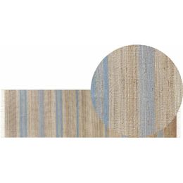 Beliani Teppich Beige / Blau Jute 80 x 300 cm Rechteckig Natürlich Handgewebt Streifenmuster Boho Fußbodenheizug Geeignet Läufer Wohnzimmer Flur - Beige
