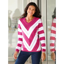 WITT Damen V-Ausschnitt-Pullover im Ajour-Muster, fuchsia-gemustert, Größe 42