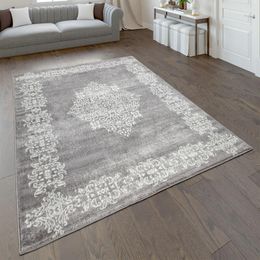 Teppich Wohnzimmer Kurzflor Mit Modernem Orientalischem Muster In Grau Weiß 60x100 cm - Paco Home