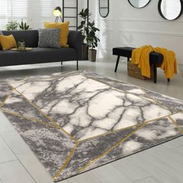 Paco Home - Teppich Wohnzimmer Kurzflor Marmor Design Bordüre Geometrisch Grau Gold 80x300 cm