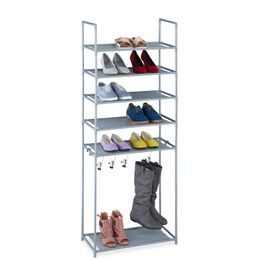 Schuhregal 6 Ebenen, Stecksystem, für 12 Paar Schuhe, Flur, 4 Stiefelhaken, Metall & Stoff, Schuhablage, grau - Relaxdays