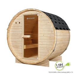 Artsauna Fasssauna Spitzbergen 120 - 2 Personen, 3,6 kW Ofen, Zubehör - Fichtenholz Sauna