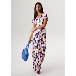 Aniston SELECTED Sommerkleid mit großem Blätterdruck und geraffter Taille - NEUE KOLLEKTION, blau|bunt|lila|rot