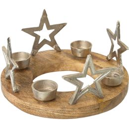 Creativ home Teelichthalter Kerzenhalter KRANZ, Weihnachtsdeko (1 St), Adventsleuter mit Sternen, 4-flammig, braun