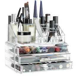 Make Up Organizer klein, 2-teilige Schminkaufbewahrung mit Schubladen, stapelbares Kosmetikregal, transparent - Relaxdays