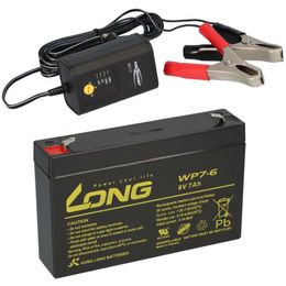 Kunglong - agm blei akku batterie 6V 7Ah kompatibel für usv bleigel gel 7,2Ah + ladegerät