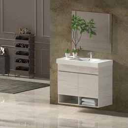 Nebari Badezimmer-Set - 7 Farben-15 Maße- 2 Türen oder eine Schublade zur Auswahl- inkl. Möbel, Waschbecken und Spiegel Nordisches Weiß 80x45Cm