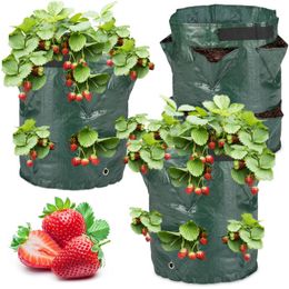 Pflanzsack 3er Set, Erdbeerpflanzgefäße, mit Bodenlöchern, 2 Henkel, Kunststoff, HxD: 44 x 33 cm, dunkelgrün - Relaxdays