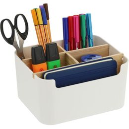 Schreibtisch Organizer, 5 Fächer, Kunststoff und Holz, Badorganizer, modern, HxBxT: 9,5 x 18 x 15 cm, weiß - Relaxdays