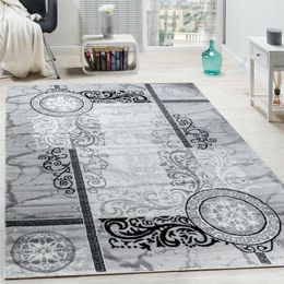 Designer Teppich Modern Meliert Floral mit Mäander Muster Kreise Grau Schwarz 80x150 cm - Paco Home