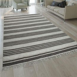 Paco Home Natur Teppich Wolle Modern Handgewebt Gestreift Kelim Design Fransen Creme Braun 60x110 cm