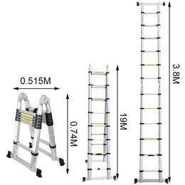 VINGO - 3.8M Teleskopleiter, Ausziehbare Leiter Rutschfester, Aluminium Klappleiter Stehleiter, Ausziehleiter Mehrzweckleiter, 150 Belastbarkeit