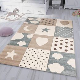 Vimoda - Flauschiger Kinder Zimmer Teppich Herzchen Wölkchen Patchwork Optik,120x170 cm