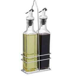 Essig und Öl Spender, mit Ausgießer, 2 in 1 für Küche, Ölflaschen mit Ständer, Glas, 2 x 250 ml, transparent - Relaxdays