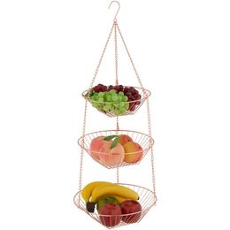 Obstkorb hängend, h x d: 73 x 28 cm, 3 Etagen, Stahl, runder Hängekorb für Obst & Gemüse, Obstschale, kupfer - Relaxdays