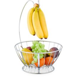 Obstkorb mit Bananenhalter, Metall, HxBxT: 40x28x26,5 cm, runde Obstschale, für Früchte und Gemüse, silber - Relaxdays